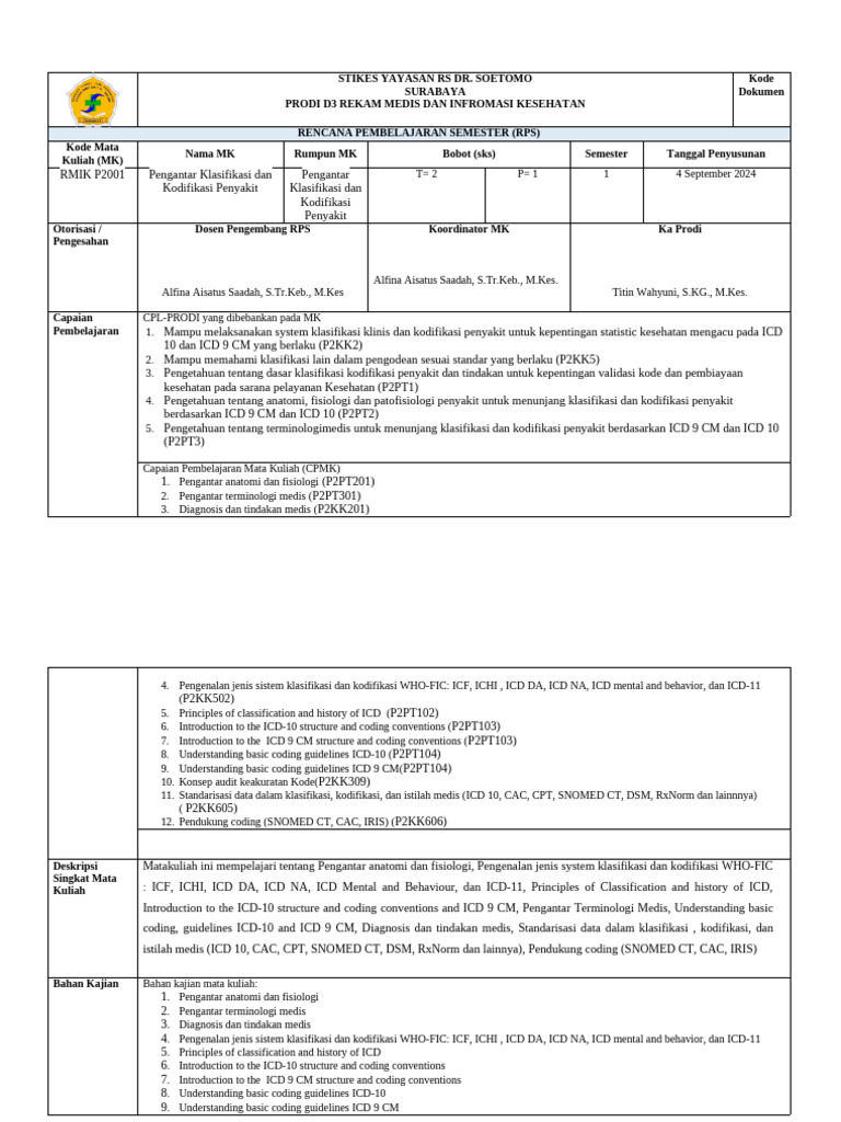 RPS Format OBE_MK Pengantar klasifikasi | PDF