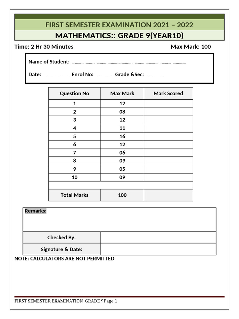 SEMISTER1-9-MATHS-QP-2021 | PDF | Force | Mathematics