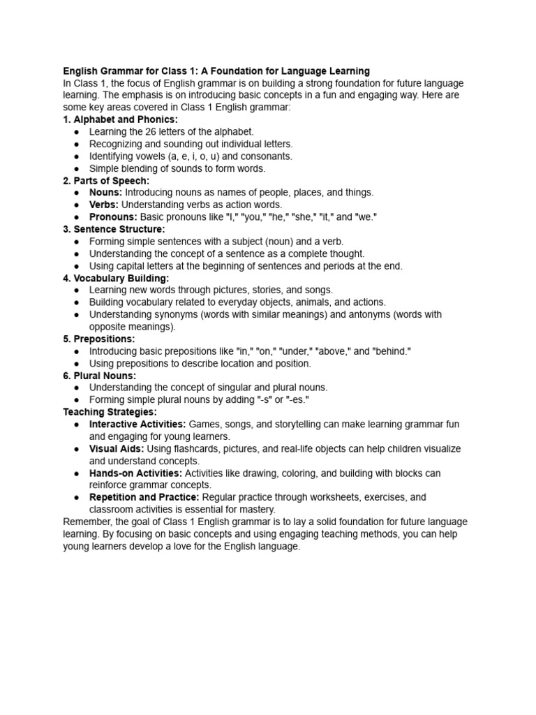 Class 1 English Grammar Foundations | PDF