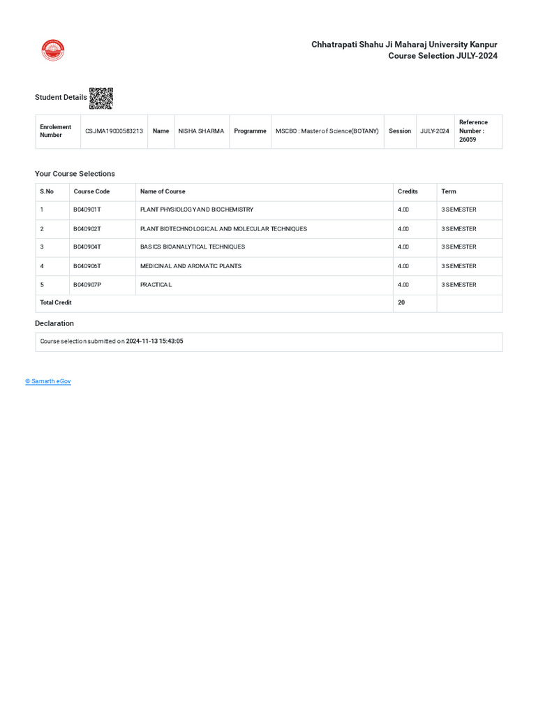 MSC Botany Course Selection 2024 | PDF