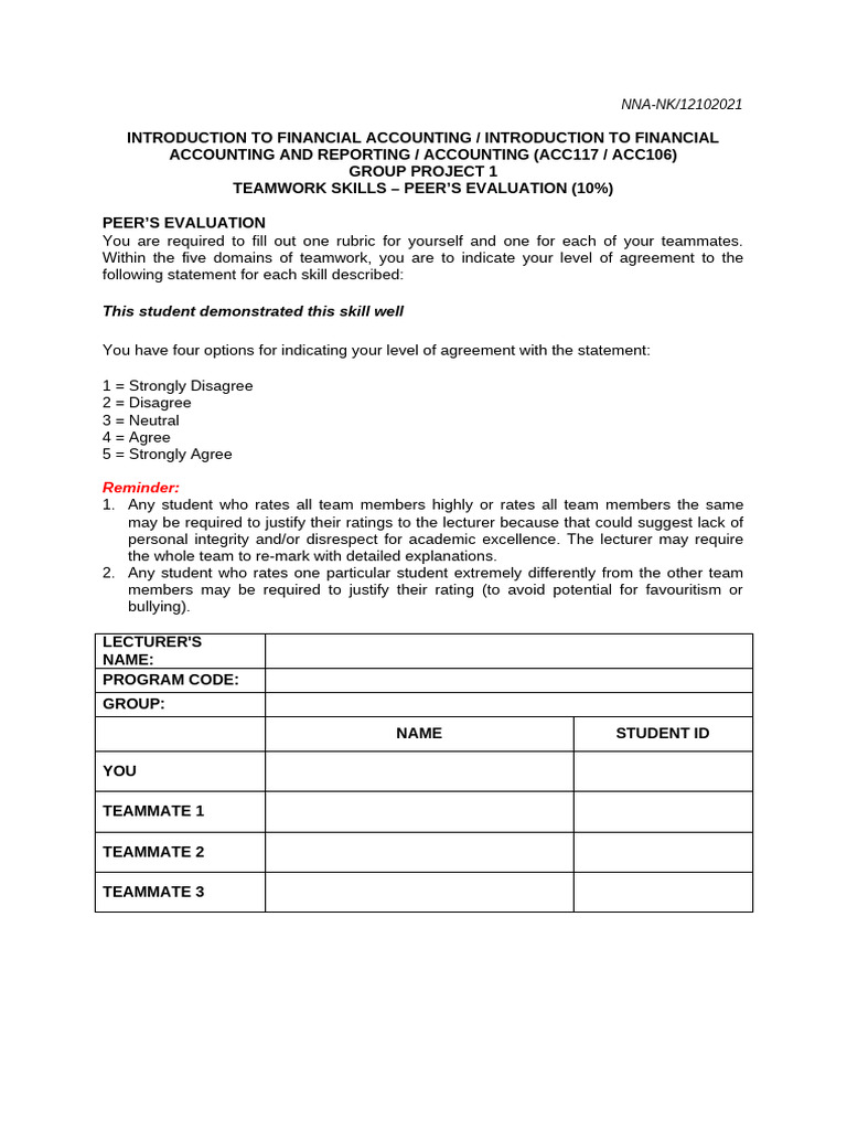 ACC117 PEER EVALUATION FORM | PDF | Psychology | Cognition