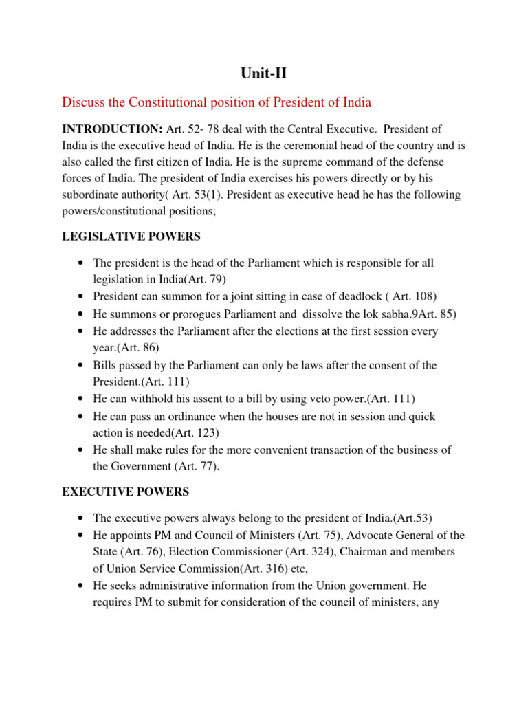 Constitutional Law Notes Unit II | PDF | Pardon | Governance