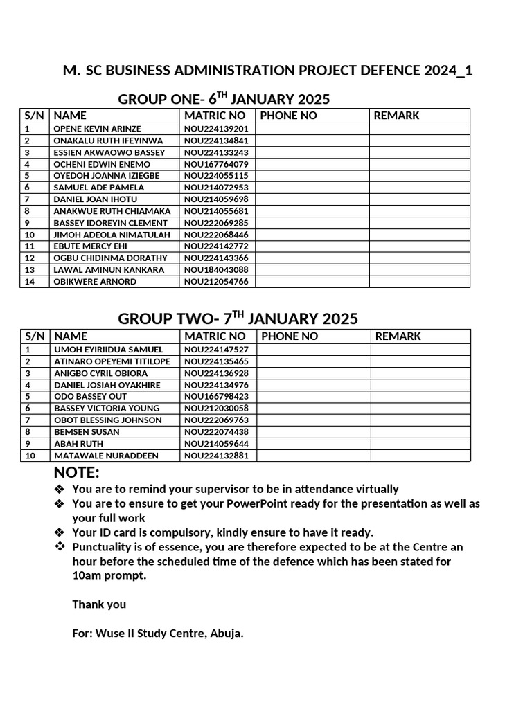 M.SC Business Admin 2024 - 1 Project Defence | PDF