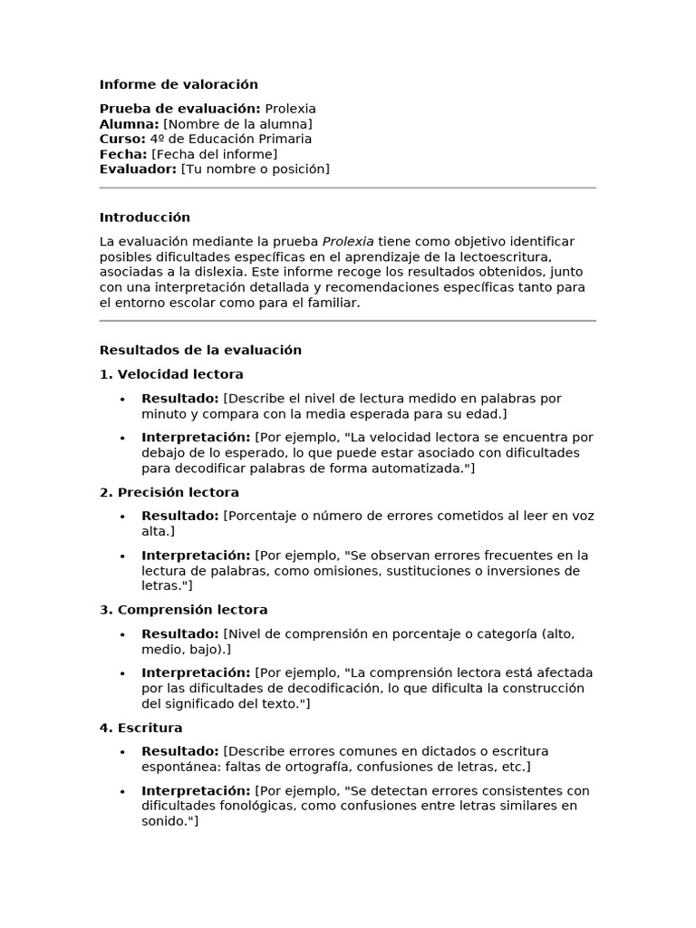 Ejemplo de Valoración de Prolexia | PDF | Dislexia | Cognición