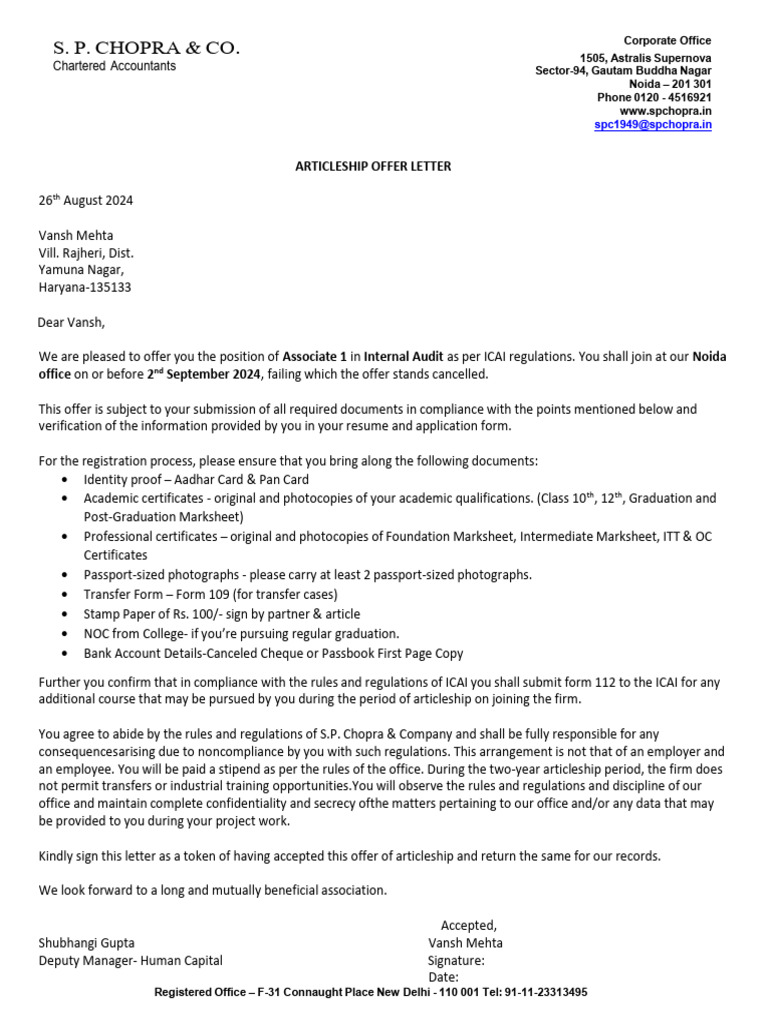 Articleship Offer Letter-Vansh Mehta | PDF