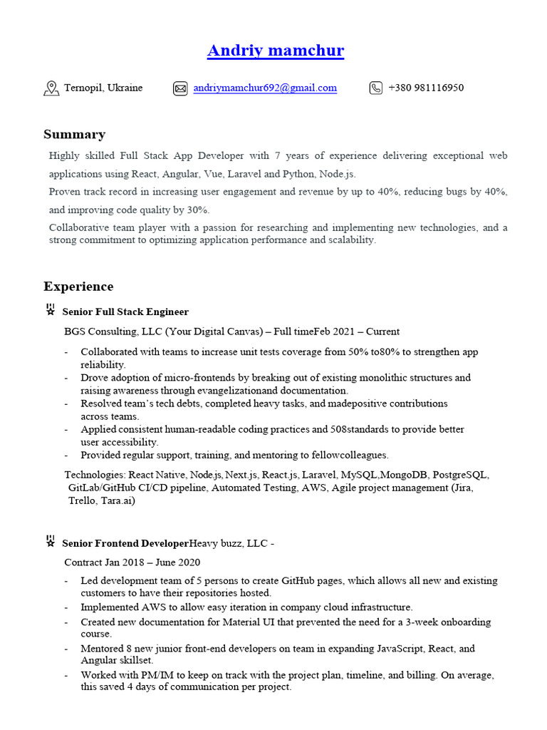 Andrii Mamchur - Fullstack | PDF | Java Script | Software
