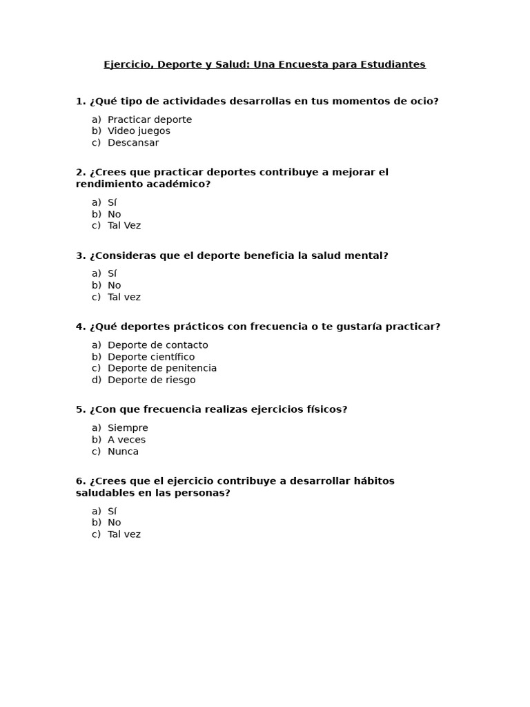 Encuesta sobre Deporte y Salud Estudiantil | PDF