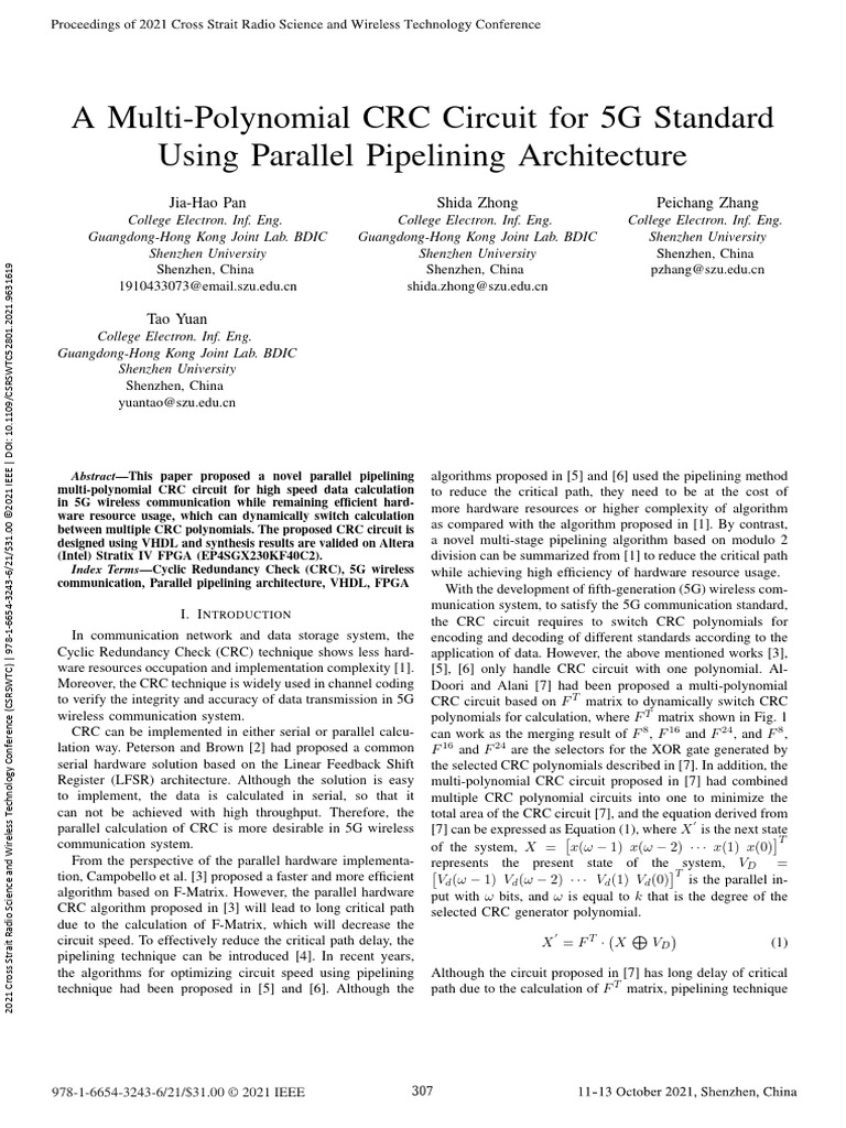 A Multi-Polynomial CRC Circuit for 5G Standard Using Parallel Pipelining Architecture | PDF ...