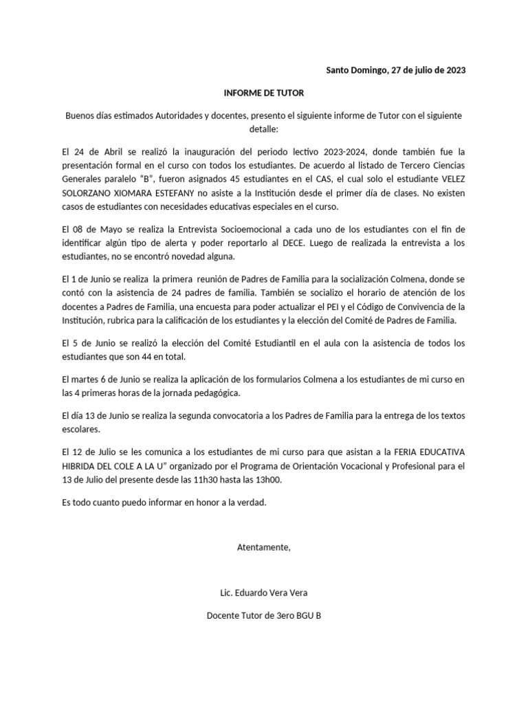 INFORME DE TUTOR PRIMER TRIMESTRE-EDUARDO VERA 2023 | PDF