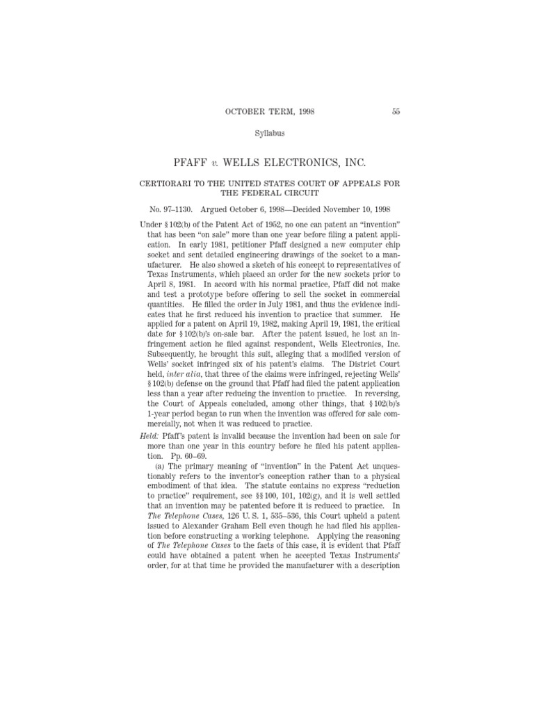 Pfaff v. Wells Electronics, Inc | PDF | Patent | Invention