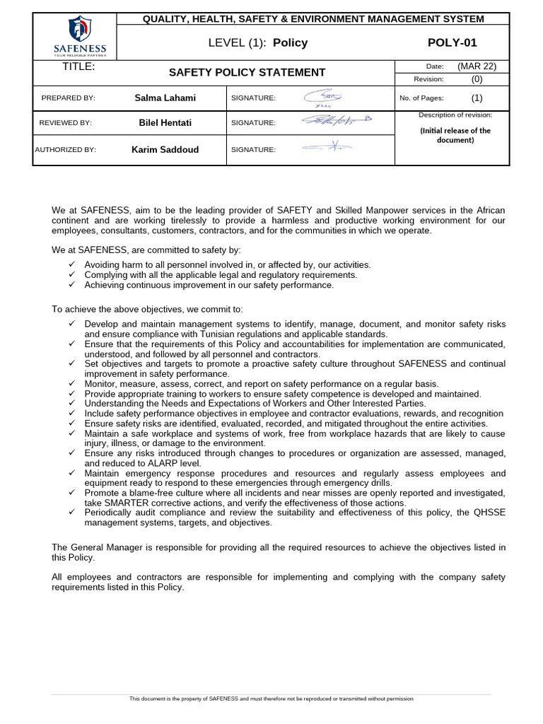 SAFENESS - POL-01 Safety Policy Statement | PDF | Safety | Regulatory ...