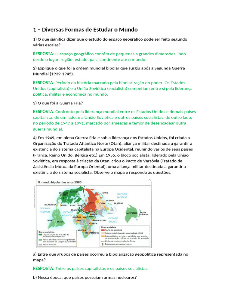 Exercicios 8 Ano 1 Diversas Formas de Estudar o Mundo | PDF | Guerra Fria | União Soviética