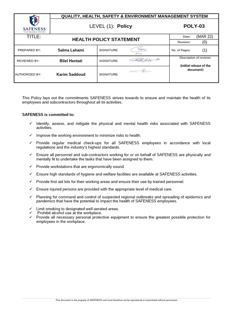 SAFENESS - POL-03 Health Policy Statement | PDF | Public Health | Safety