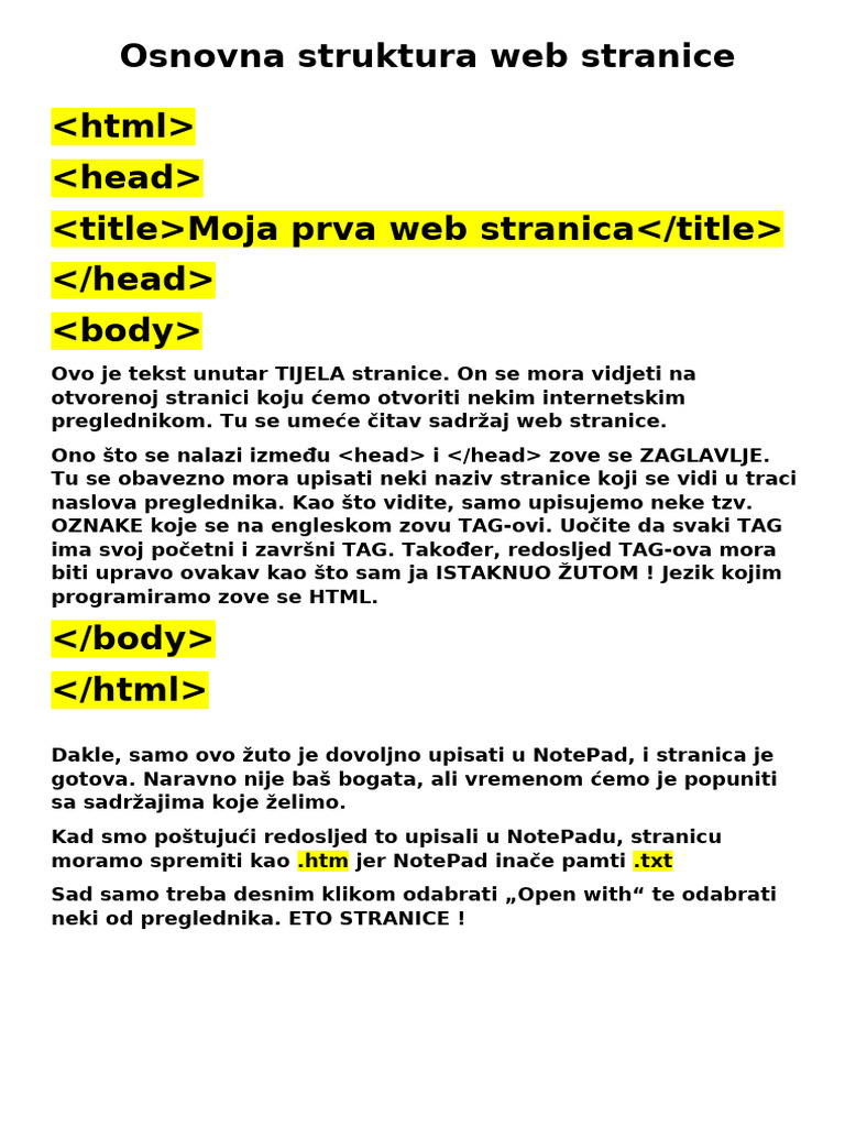 Web Dizajn - 7razred - Osnovna Struktura Web Stranice | PDF