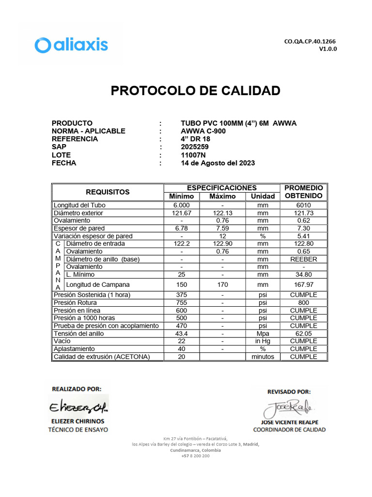 Protocolo Calidad Tubo PVC 100mm | PDF | Presión