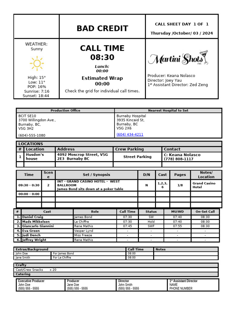 Blank Call Sheet Template - V4 | PDF