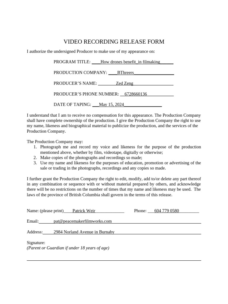 Drone Filmmaking Release Form | PDF