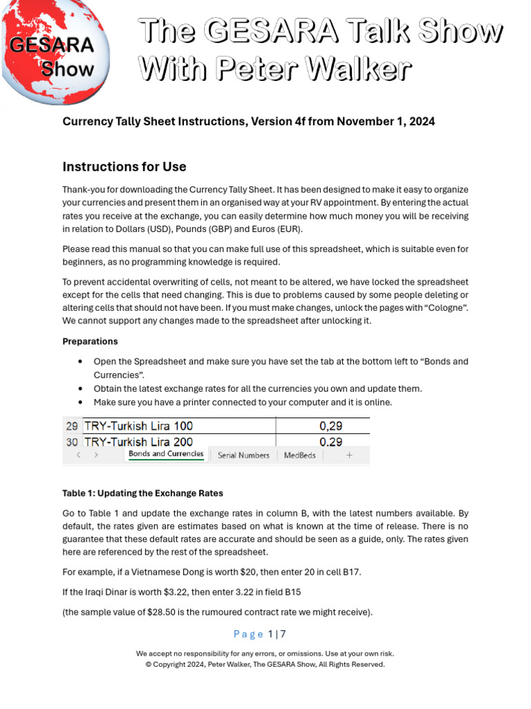 Currency Tally Spreadsheet V4f Instructions 4f | PDF | Spreadsheet ...