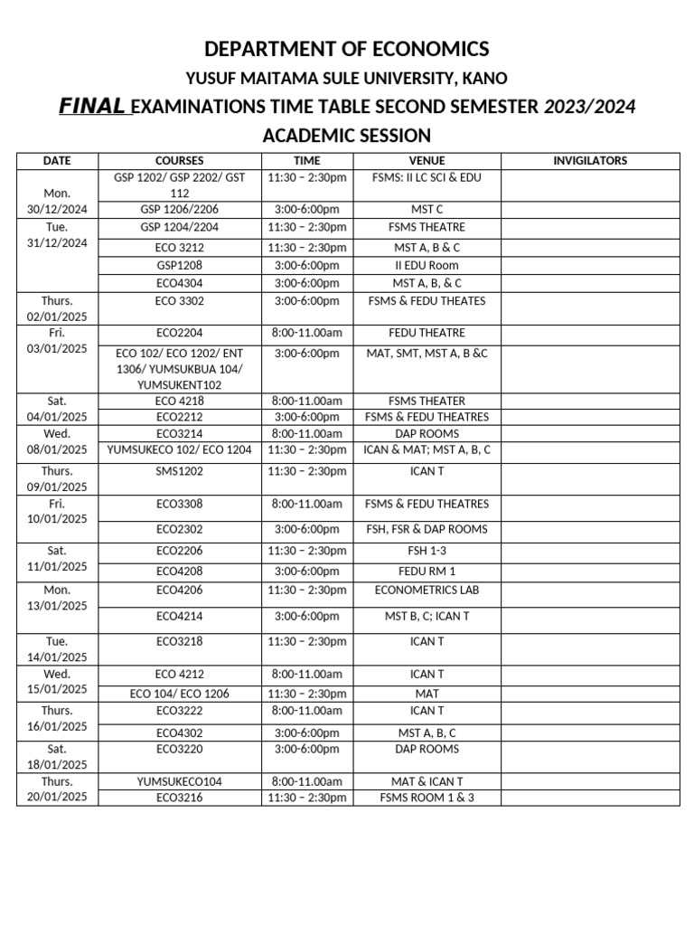 Exam Timetable 2ND Semester | PDF