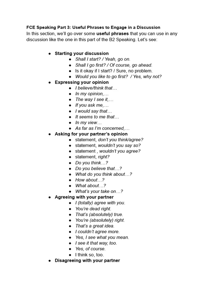 FCE Speaking Part 3 Useful Language | PDF