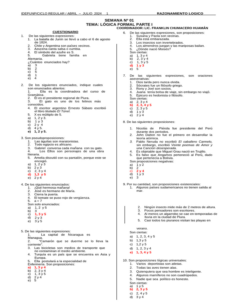 Semana 01 Raz Logico Regular Abril - Julio 2024 | PDF | Proposición