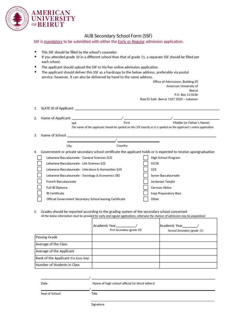 AUB Secondary School Form (SSF) : SSF Is Mandatory To Be Submitted With ...
