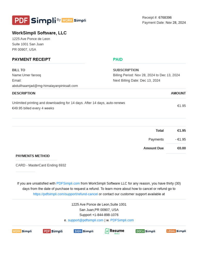 PDFSimpli Payment Receipt | PDF