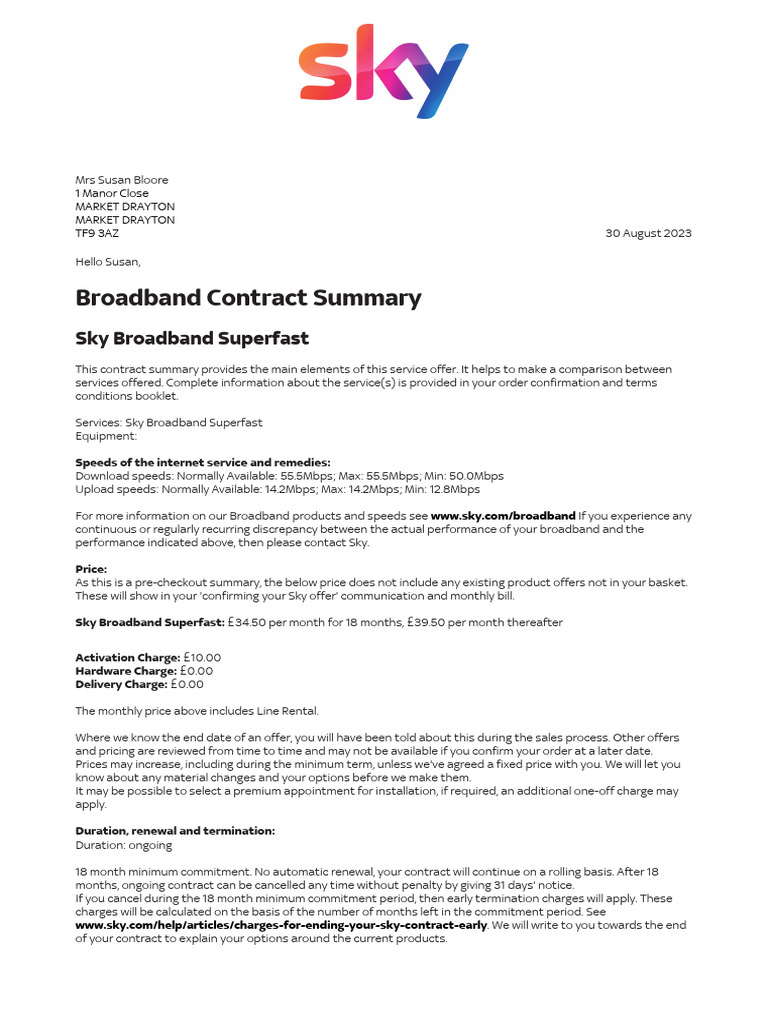 Sky Broadband Superfast Contract Summary | PDF | Payments | Credit Card