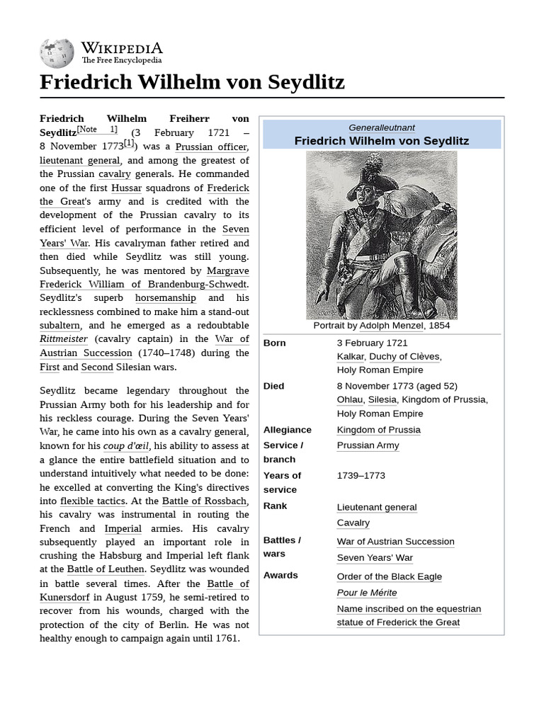 Friedrich Wilhelm von Seydlitz: Prussian Cavalry General | PDF ...