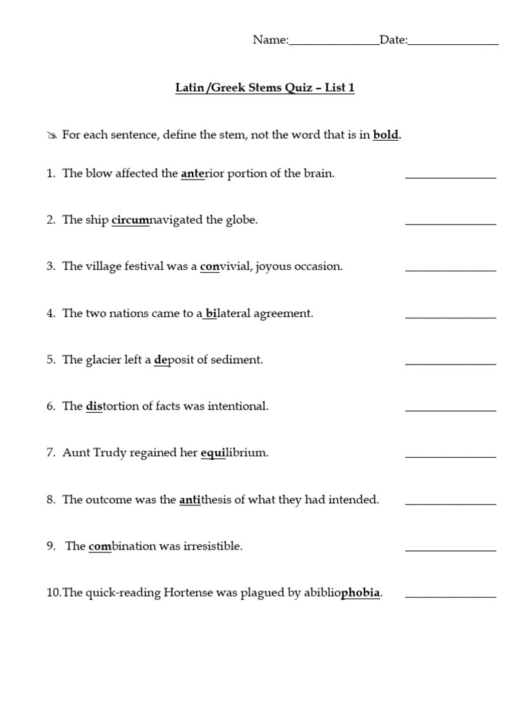 Latin Greek Stems Quiz List 1 | PDF