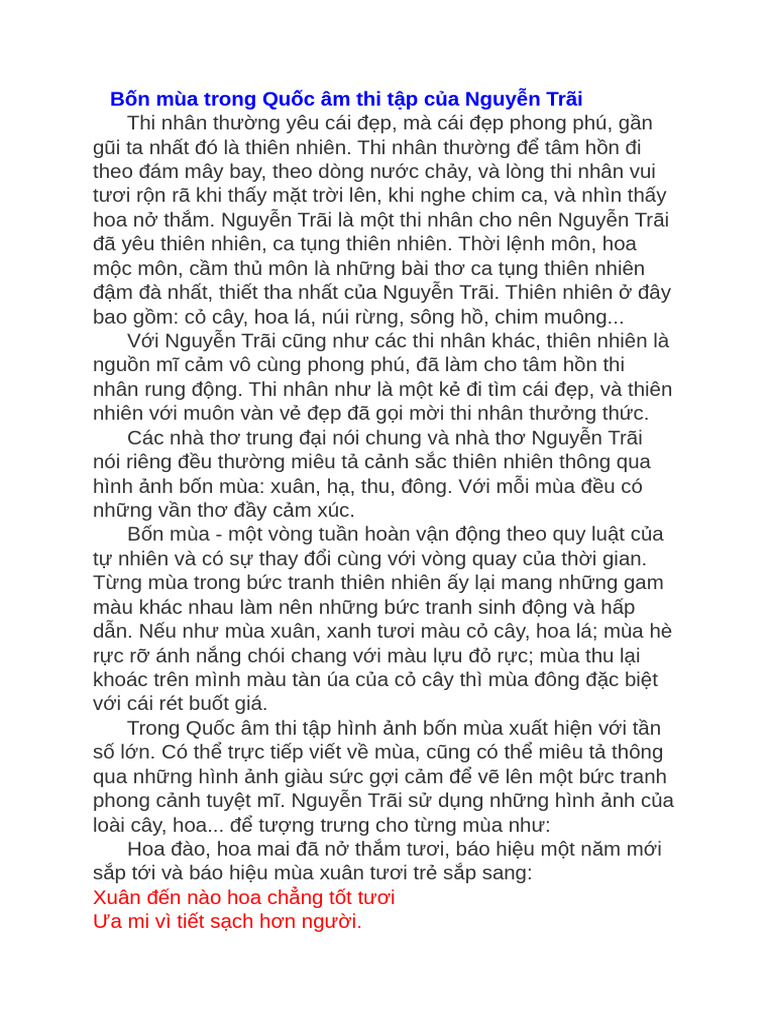 Bốn mùa trong Quốc âm thi tập của Nguyễn Trãi | PDF