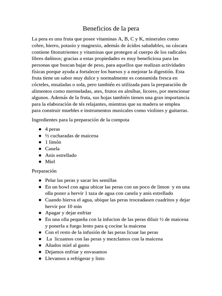 Beneficios y receta de compota de pera | PDF