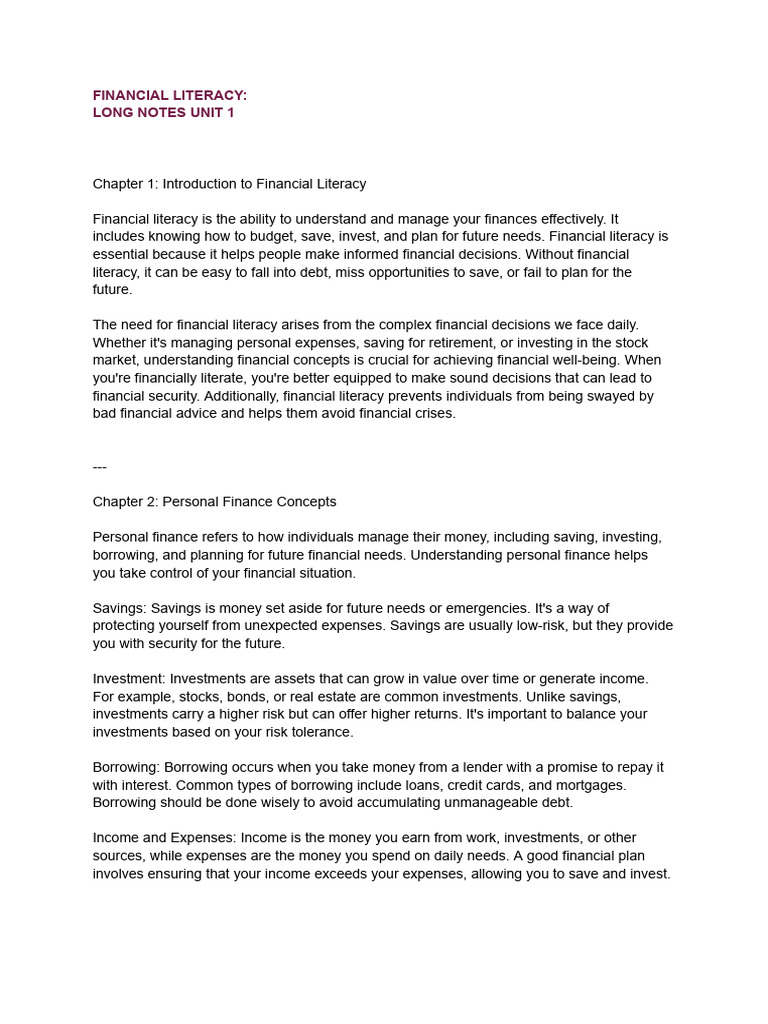 Financial Literacy Overview for Students | PDF | Banks | Investing