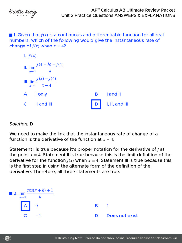 Unit 2 Practice Questions (Answers and Explanations) | PDF | Derivative | Tangent