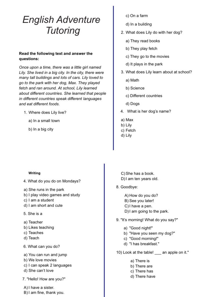 Lily's City Adventures: A Learning Quiz | PDF