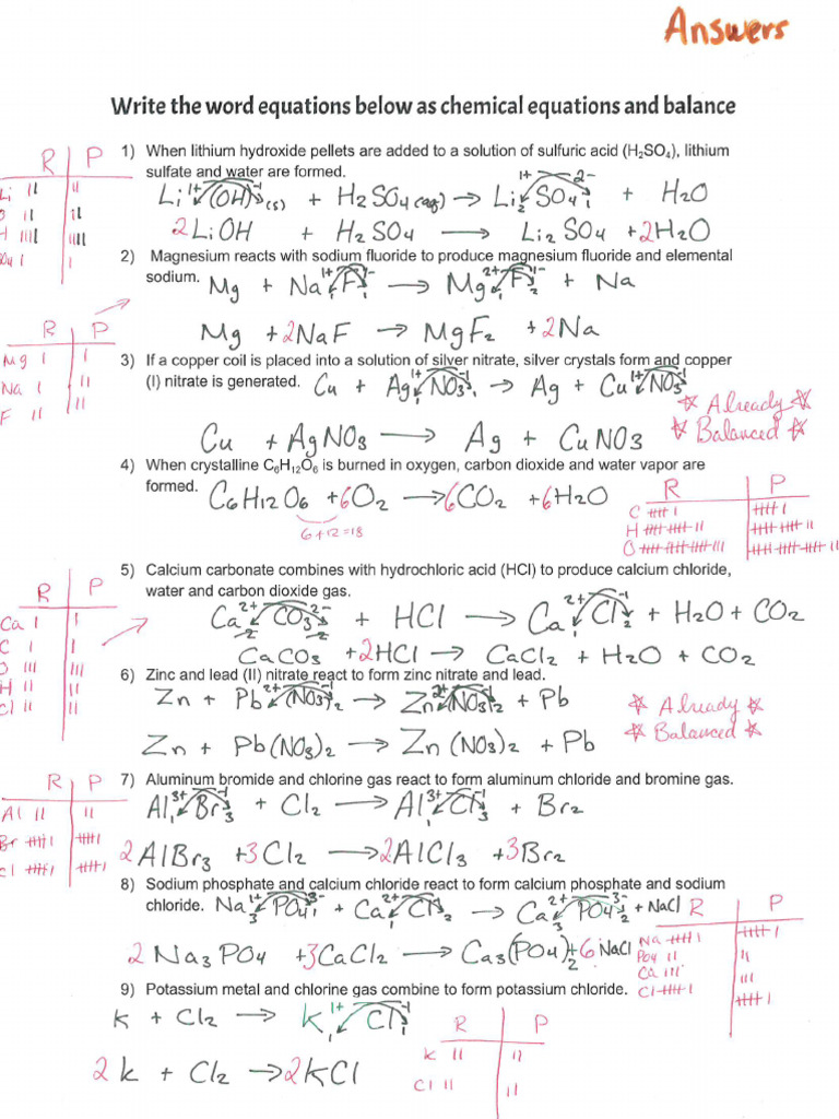 06) Balancing Word Equations Day 2 (Answers) | PDF
