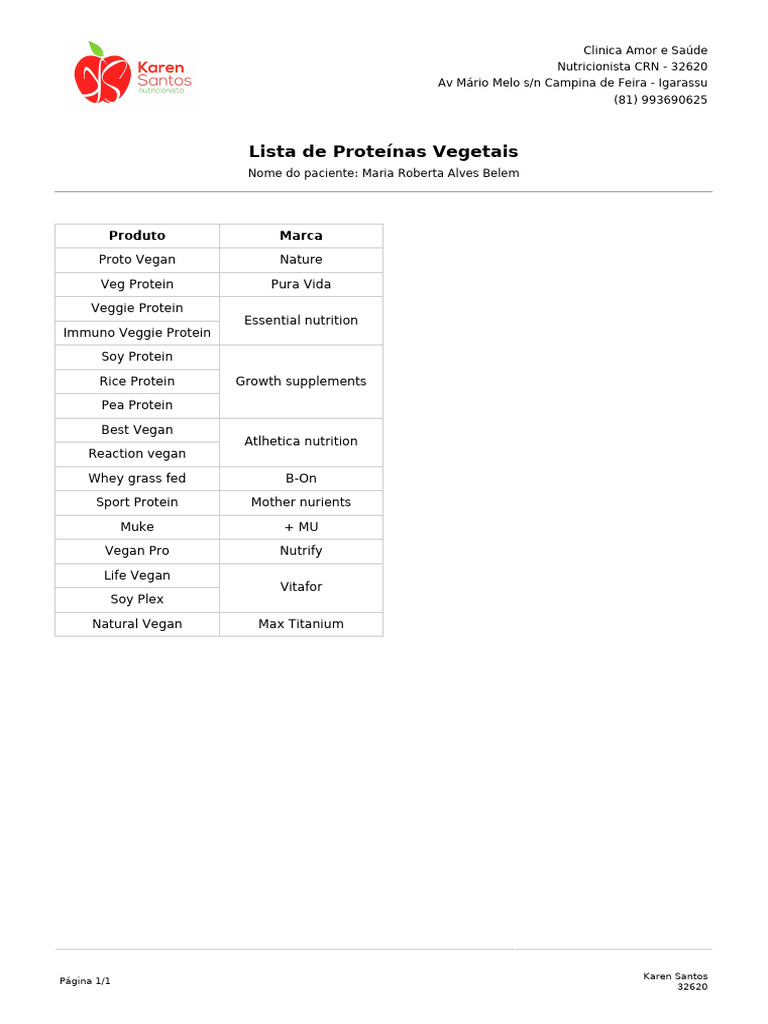 Lista de Proteínas Vegetais - Maria Roberta Alves Belem | PDF