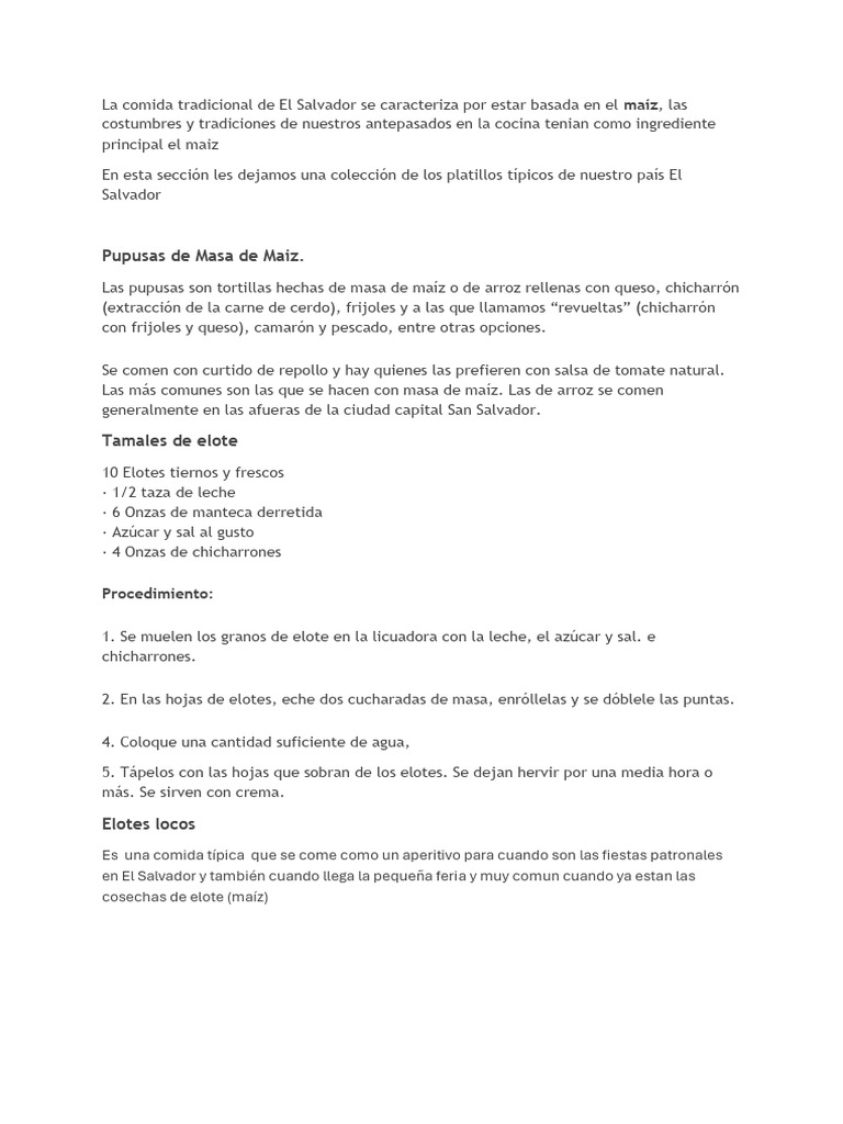 A Comida Tradicional de El Salvador Se Caracteriza Por Estar | PDF