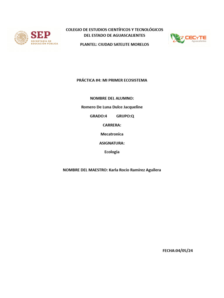 Practica 4 Mi Primer Ecosistema | PDF | Ecosistema | Entorno natural