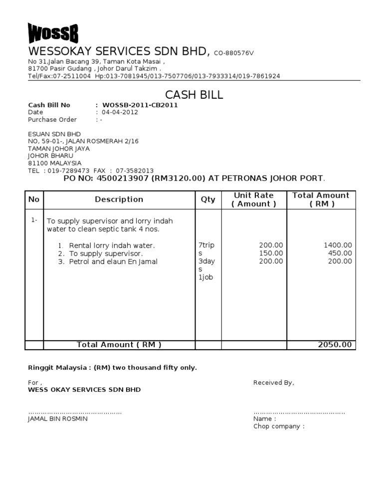 Cash Bill Sample for Services Rendered | PDF