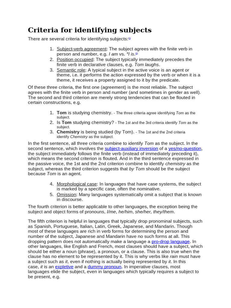 Criteria for Identifying Subjects in Grammar | PDF | Subject (Grammar ...