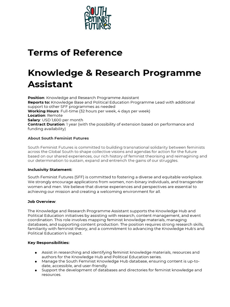Knowledge Research Programme Assistant ToR | PDF | Feminism | Gender Studies