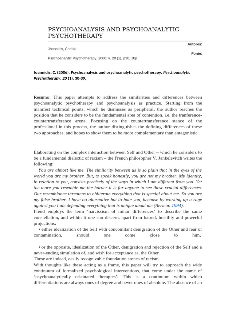 Joannidis 2006 Psychoanalysis and Psychoanalytic Psychotherapy | PDF ...