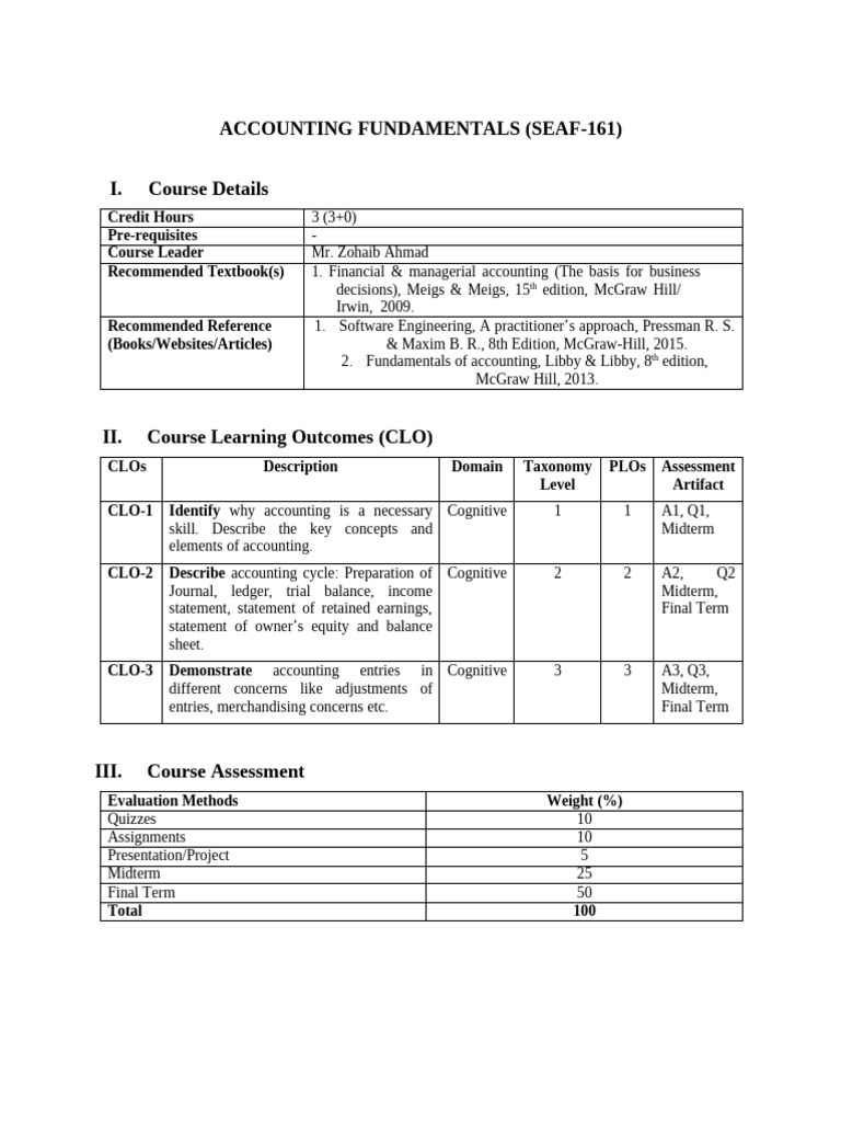 ACCOUNTING FUNDAMENTALS Course outline (1) | PDF