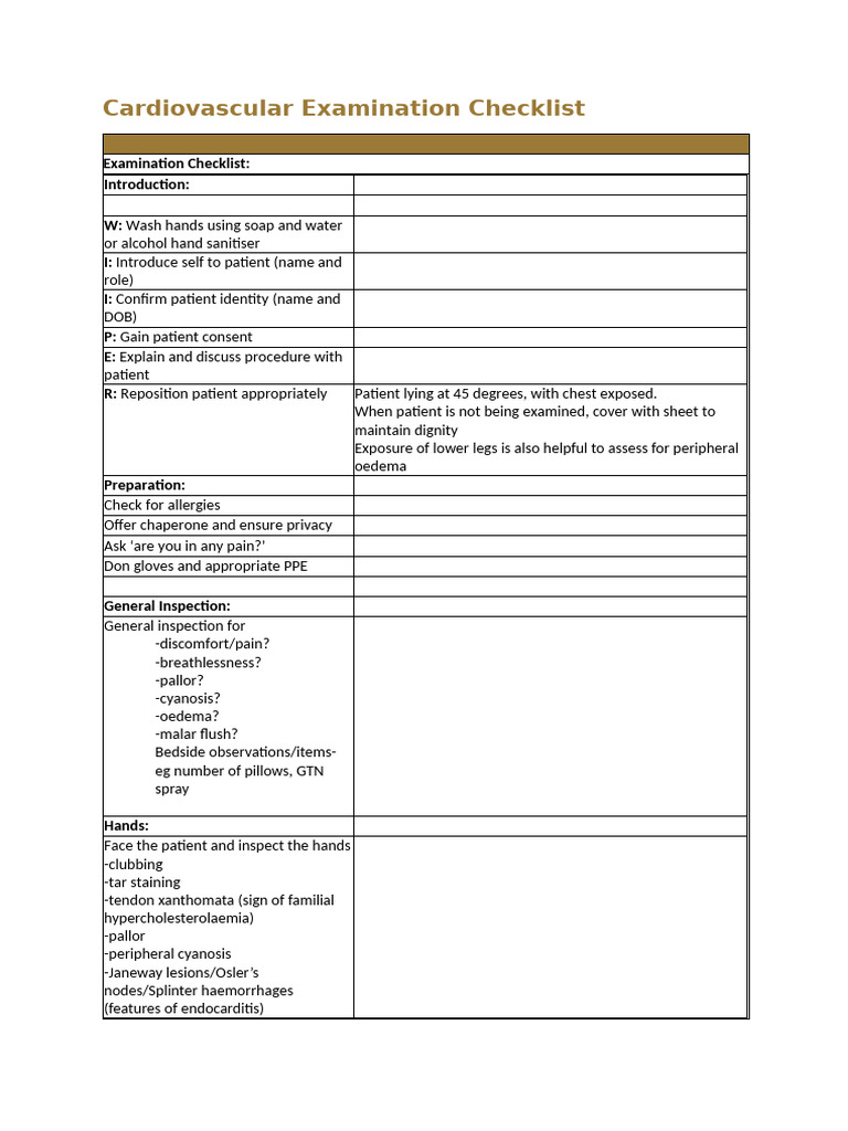 Cardiovascular Examination Checklist (1) | PDF | Pulse | Heart