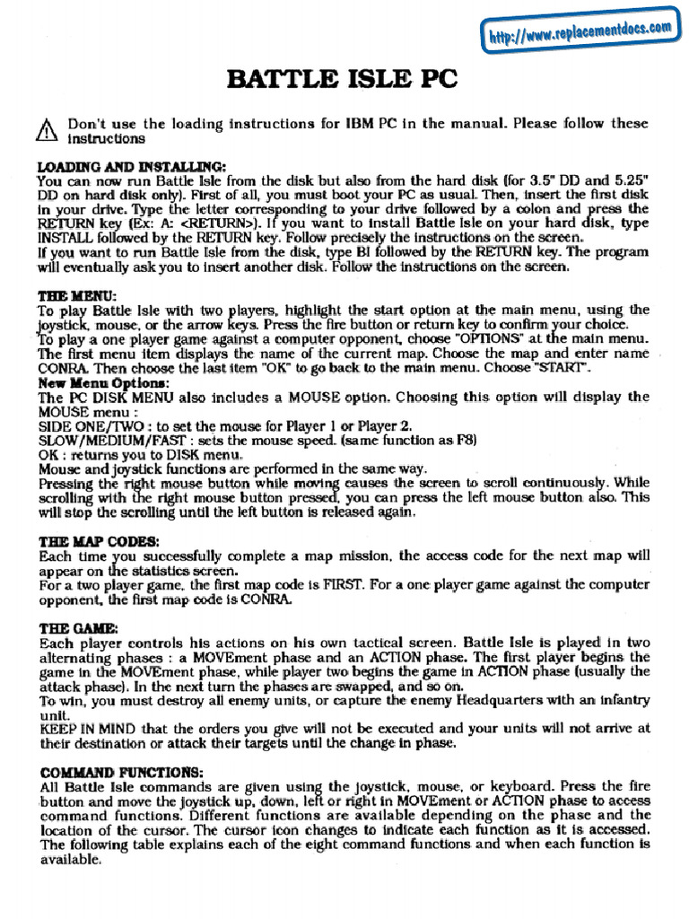 Battle Isle - Quick Reference Card - PC | PDF