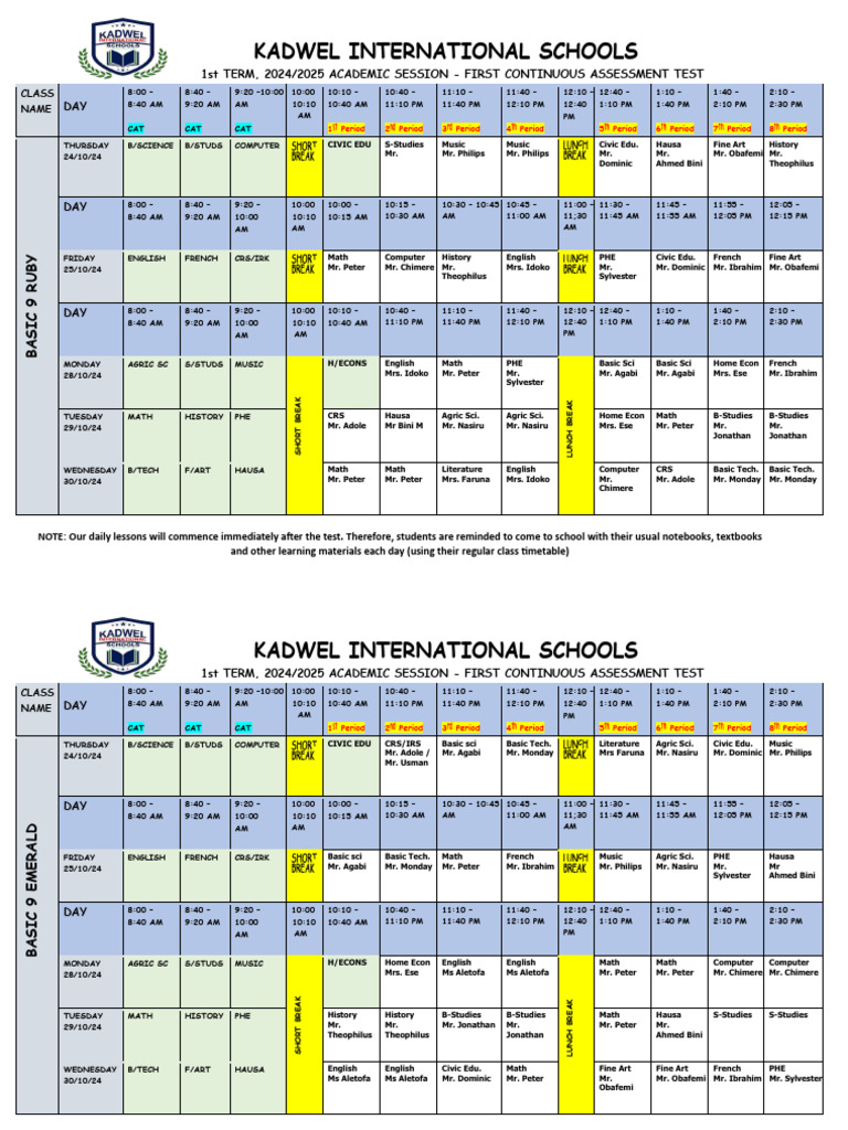 Basic 9 1st Term 2024 - 2025 Academic Session C.A Timetable | PDF