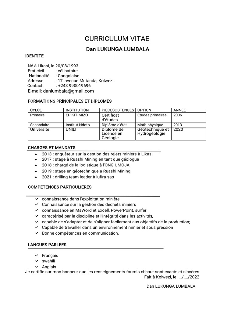 CV de Dan Lukunga Lumbala - Géologue | PDF