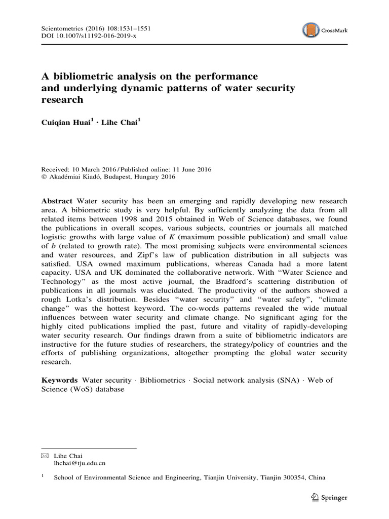 A Bibliometric Analysis On The Performance and Underlying Dynamic Patterns of Water Security ...