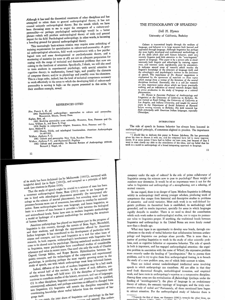 Dell Hymes The Ethnography of Speaking 1 | PDF